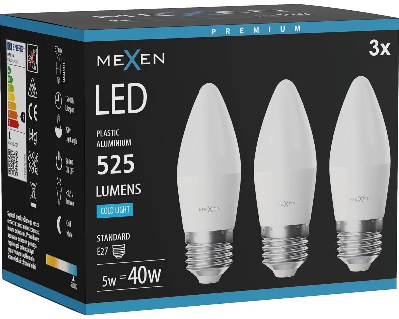 Mexen Nova 3x LED žárovka E27, C37, 5W, Studená - 6500K, 525 lm - L102-E27-0565-01x03