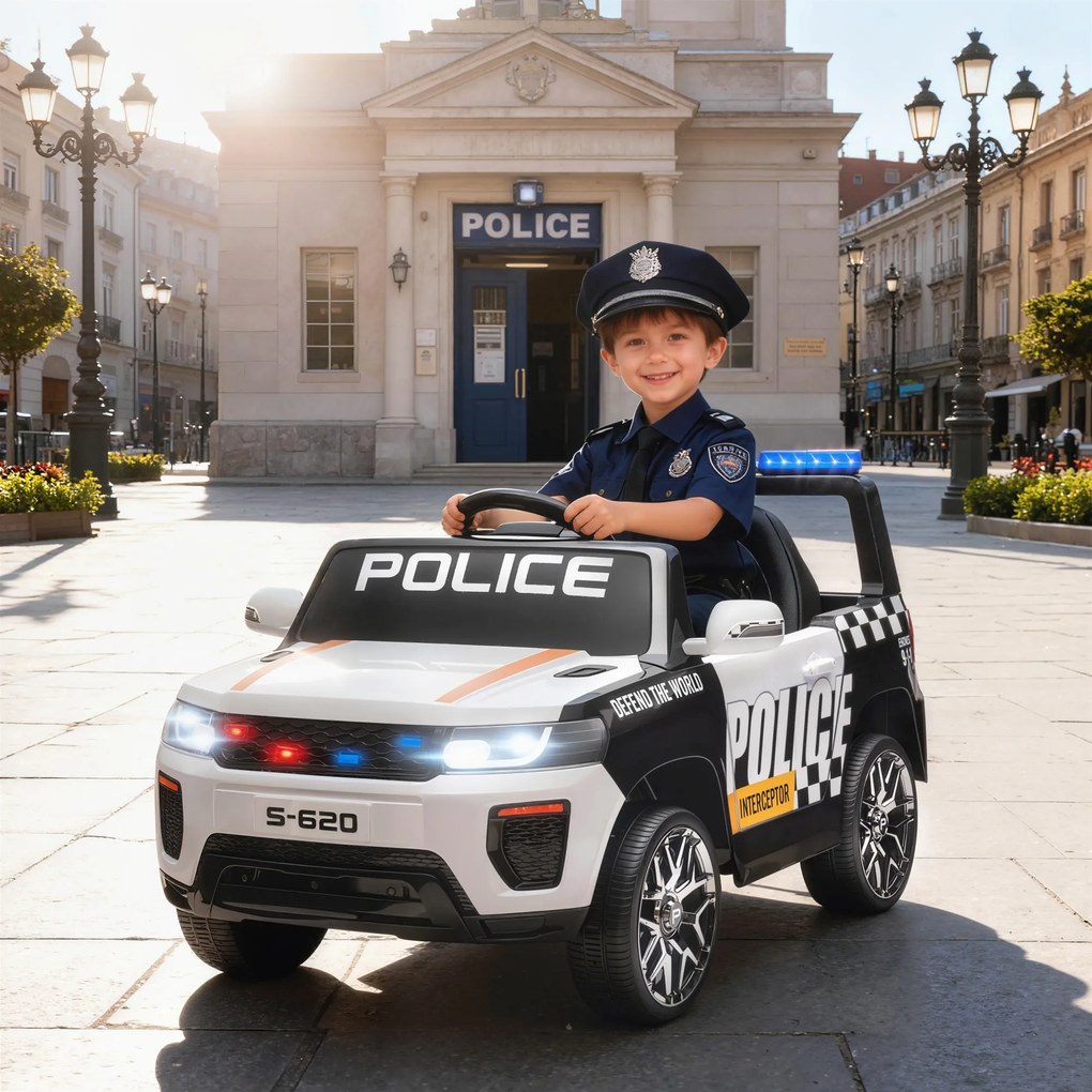 AIYAPLAY dětské policejní elektrické auto s dálkovým ovládáním, dvojitý motor, siréna, 4-kolová odpružení a světla, bílé