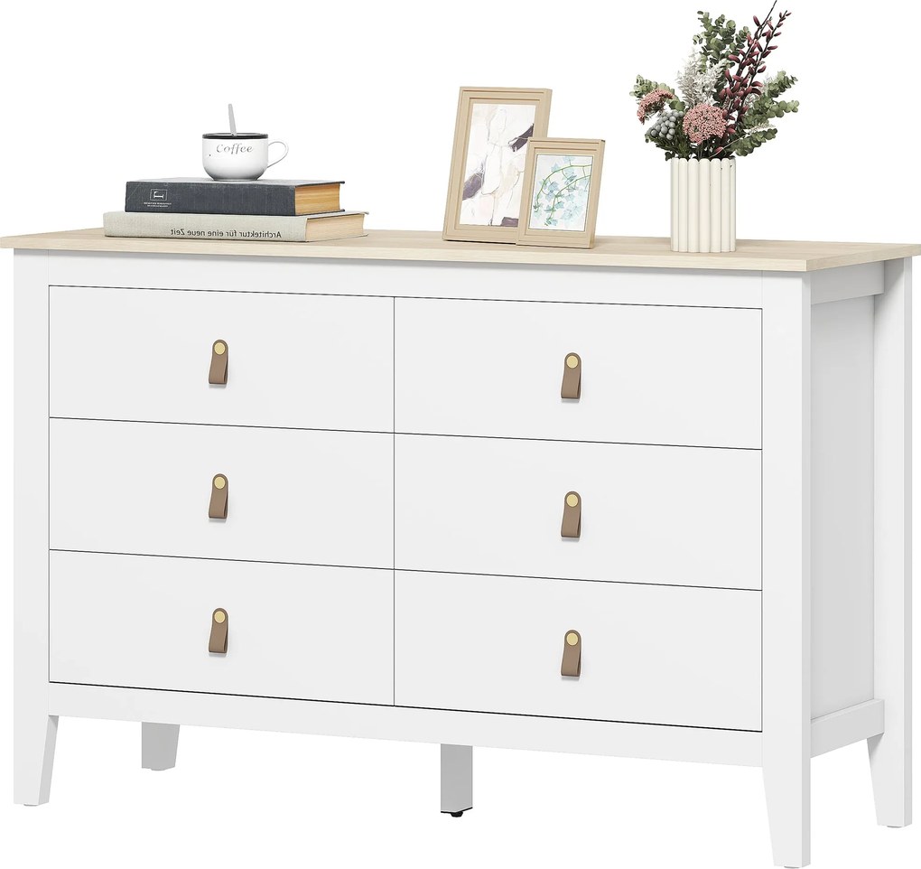 HOMCOM Komoda s 6 zásuvkami do ložnice s PU úchyty 120x40x78 cm Bílá