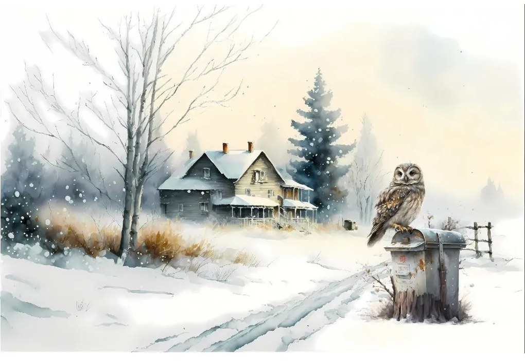 Plakát - Sova na poštovní schránce, venkov v zimě, akvarel FeelHappy.cz Velikost plakátu: A2 (42 x 59,7 cm)