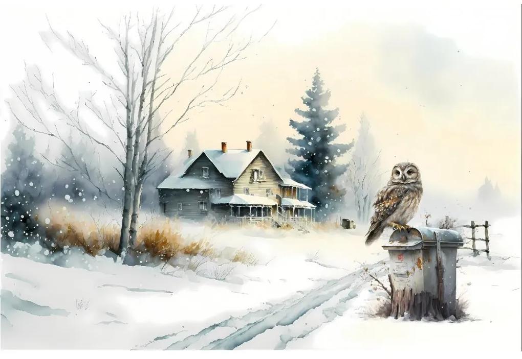 Plakát - Sova na poštovní schránce, venkov v zimě, akvarel FeelHappy.cz Velikost plakátu: A4 (21 × 29,7 cm)
