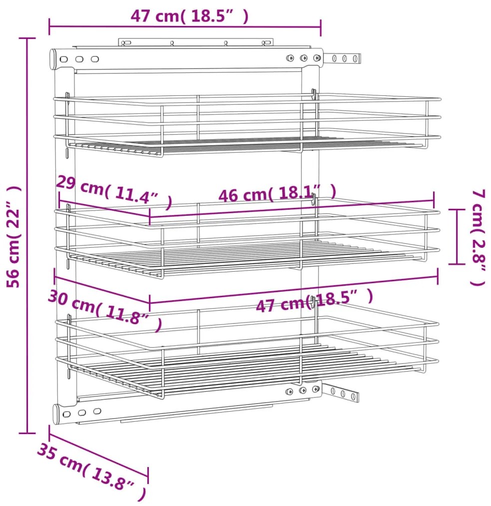 vidaXL Marketos 3patrový výsuvný kuchyňský drátěný koš stříbrný 47 x 35 x 56 cm