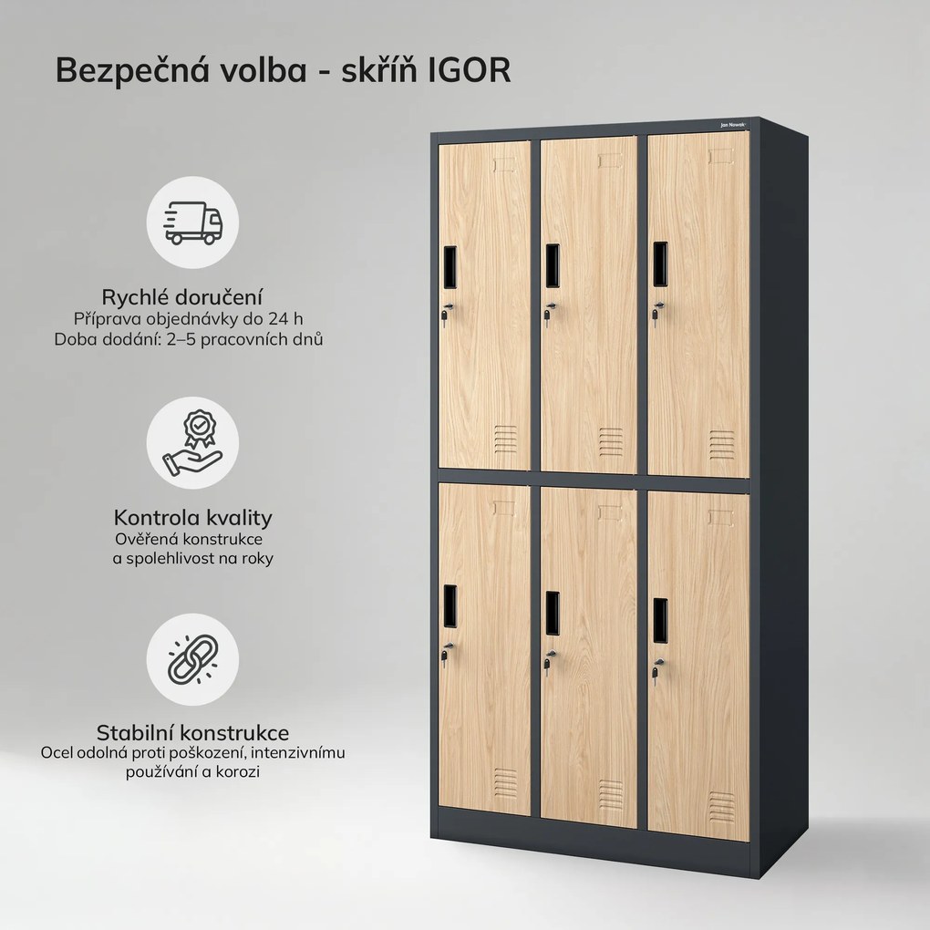 Šatní skříň BHP antracitová / dub sonoma, 6dveřová: Eco Design IGOR, 900 x 1850 x 450 mm