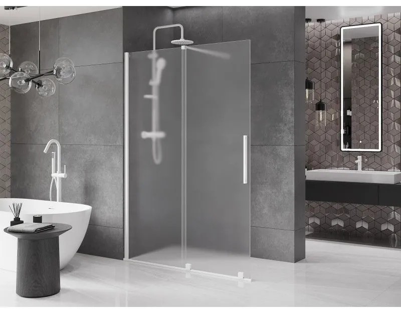 Mexen Velar, sprchová zástěna s posuvnými dveřmi Walk-in 160 x 200 cm, 8mm sklo námraza, bílá matná, 871-160-000-33-20