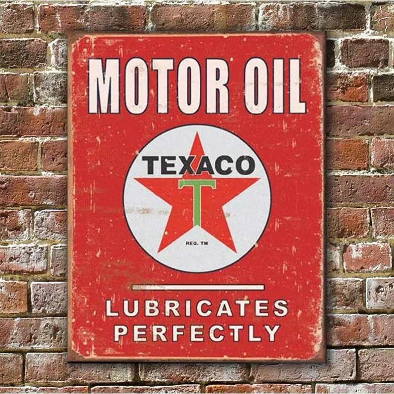 Plechová cedule Texaco - Lubricates Perfectly 32 cm x 40 cm