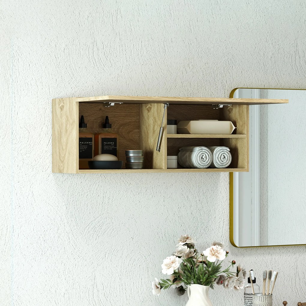 Nástěnná koupelnová skříň HOMCOM s výklopnými dveřmi, zavěšená koupelnová skříň s dřevěnými policemi, 80x25x30 cm, přírodní dřevo