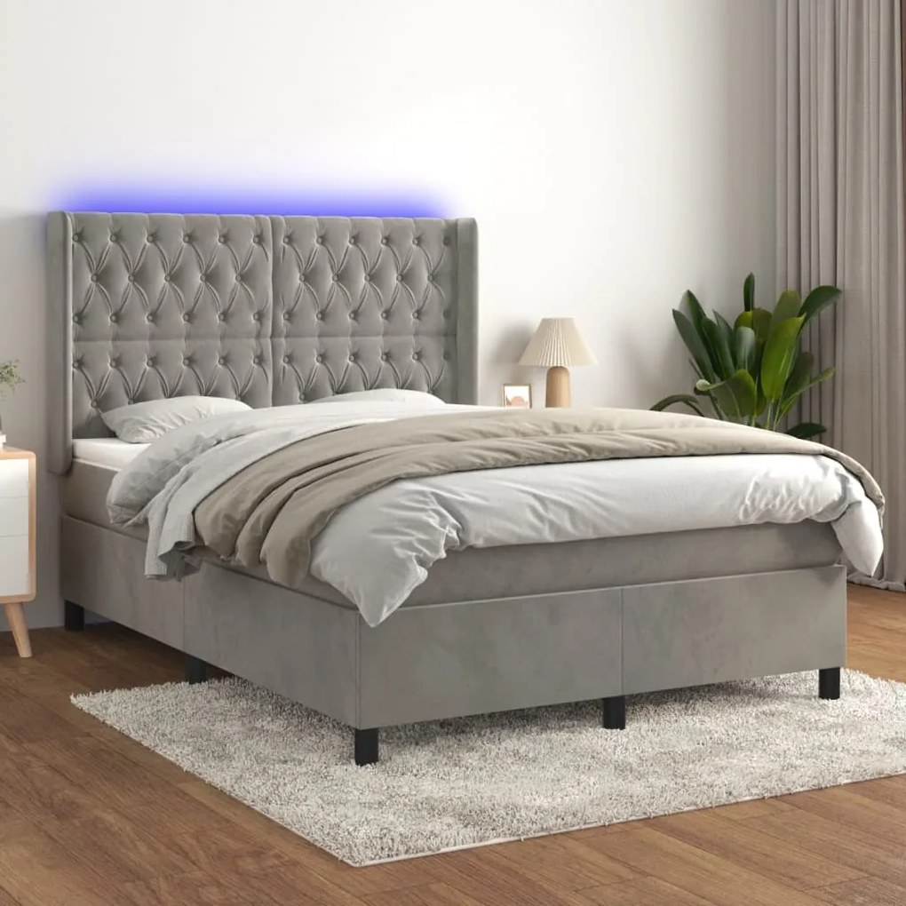 Box spring postel s matrací a LED světle šedá 140x200 cm samet 3139745