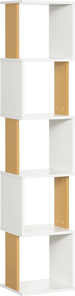 HOMCOM S-Shaped Knihařská Skříň s 5 Otevřenými Policemi pro Obývací Pokoj, Kancelář, Kancelář Anti-Tip 100kg Zatížení 33x28x161 cm Bílá | Aosom