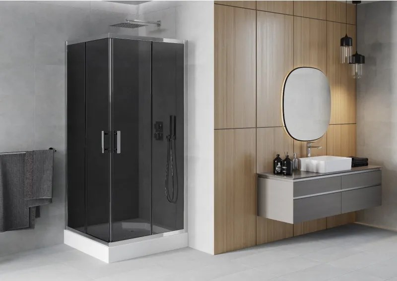 Mexen Rio, čtvercový sprchový kout s posuvnými dveřmi 90 x 90 cm, 5mm šedé sklo, chromový profil + bílá vysoká vanička Rio, 860-090-090-01-40-4510