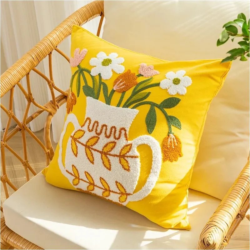 Flamenco Mystique Polštářový Povlak 45 x 45 cm, Žlutý s Motivem Květin, 100% Polyester