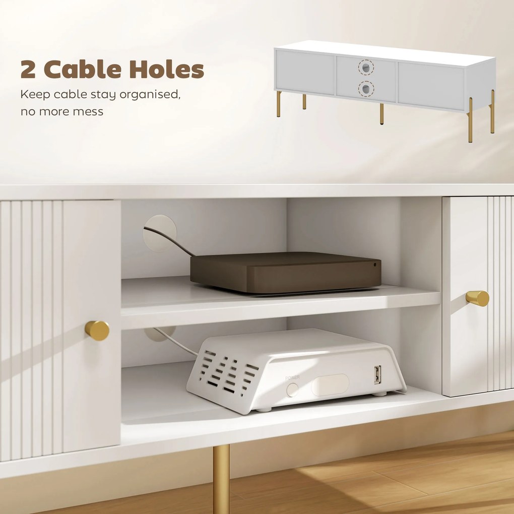 HOMCOM Moderní TV stolek – 2 dveře, 2 otevřené přihrádky, průchod pro kabely, pro TV až 65 palců, 140 x 38 x 45,9 cm, bílá
