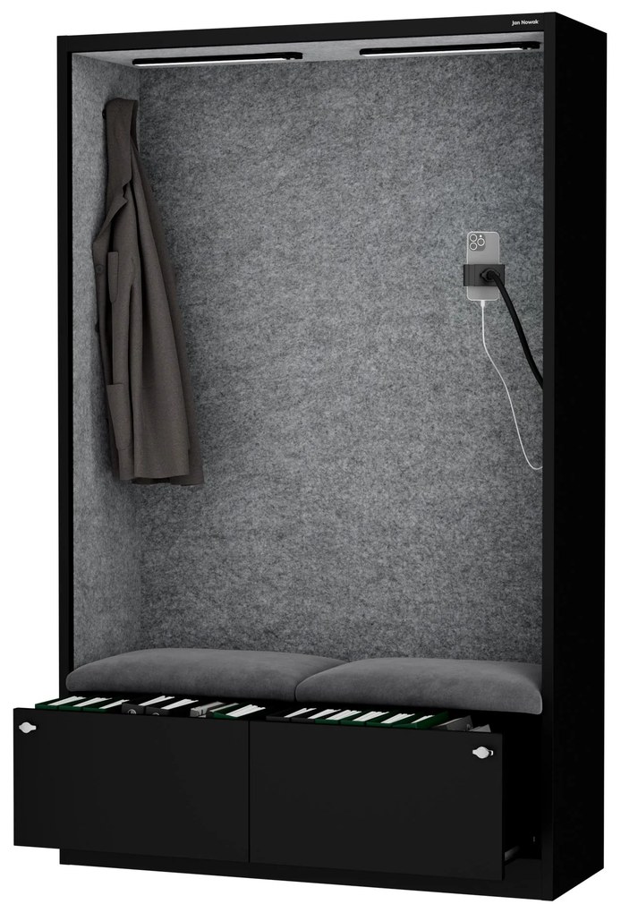 Kancelářská akustická kabina se sedátkem a USB-C portem, korpus černý / sedák šedá, 1150 mm: SALLY MentalBox