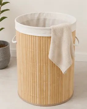koš na prádlo, objedm 45 l, s víkem, bambus/látka, 50x35x35 cm, přírodní/krémová, Dekorino KP20260032