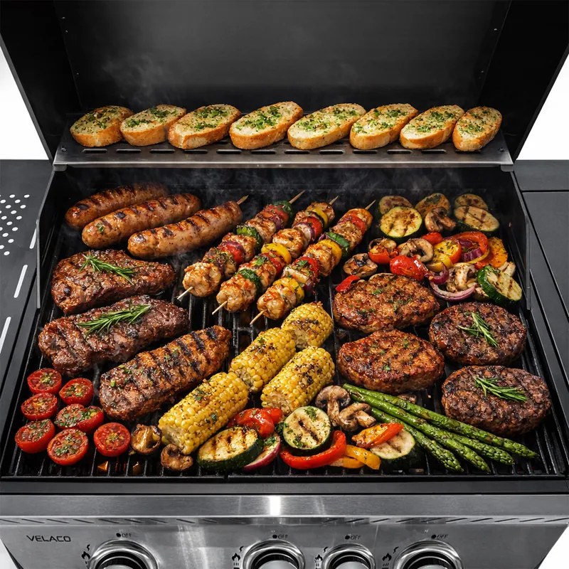 Velaco Plynový BBQ gril s boční plotýnkou, poličkou a krycí plachtou - APOLLO-B, 3+1 hořák