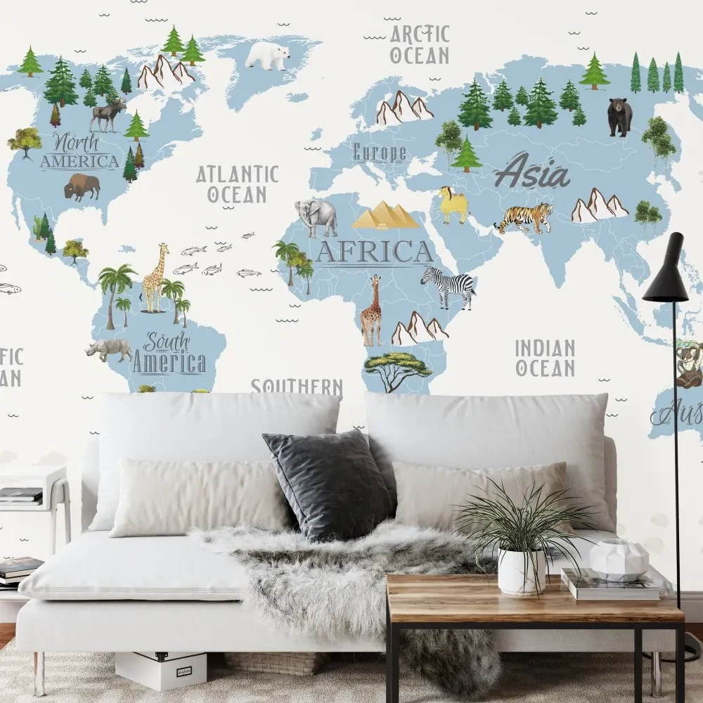 Fototapeta Animals World Map For Kids Wallpaper Design Vliesová tapeta ...