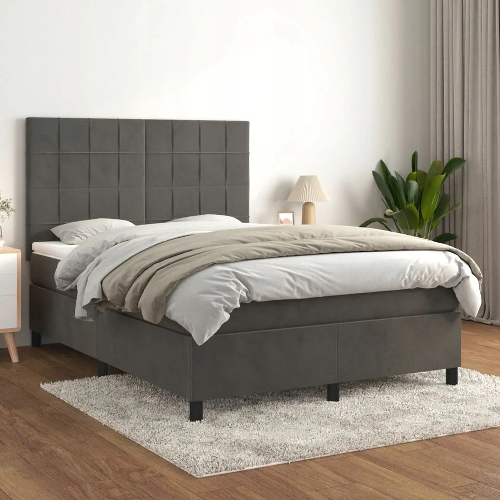 Box Spring Postel S Matrací Samet Tmavě Šedá Blok se čtverci 140 x 190 cm