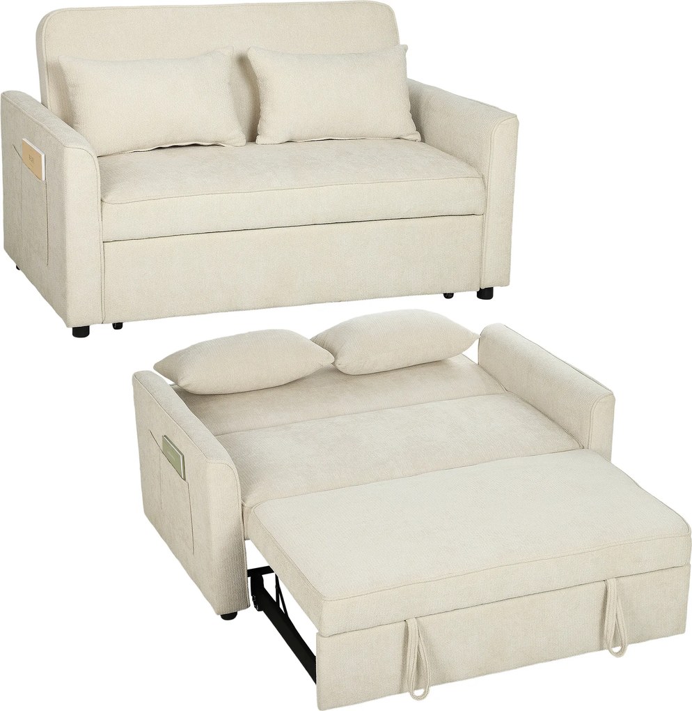 HOMCOM 2místná rozkládací pohovka 3-v-1, Clic-Clac Chenille pohovka 142 cm, nastavitelné opěradlo, 2 polštáře, béžová