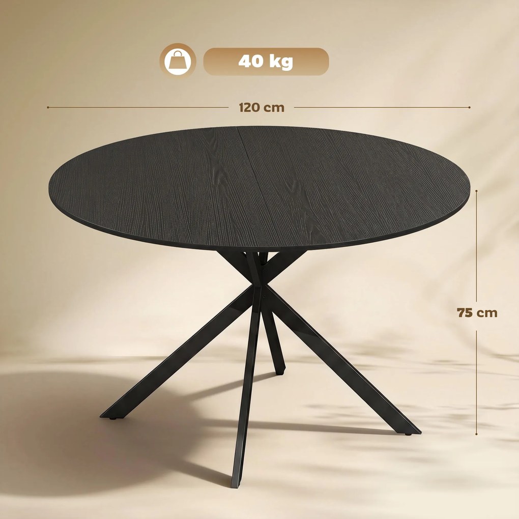 HOMCOM kulatý jídelní stůl pro 4, Ø120 cm, industriální styl s ocelovými X-nohami, pro jídelnu, kuchyni nebo domácí kancelář, černý