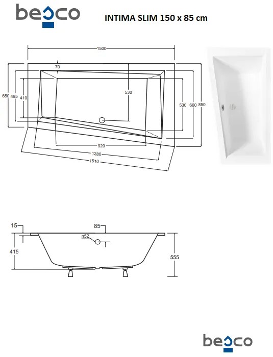 Besco Intima Slim 150x85 akrylátová vana Délka vany: 150cm, Orientace: Pravá