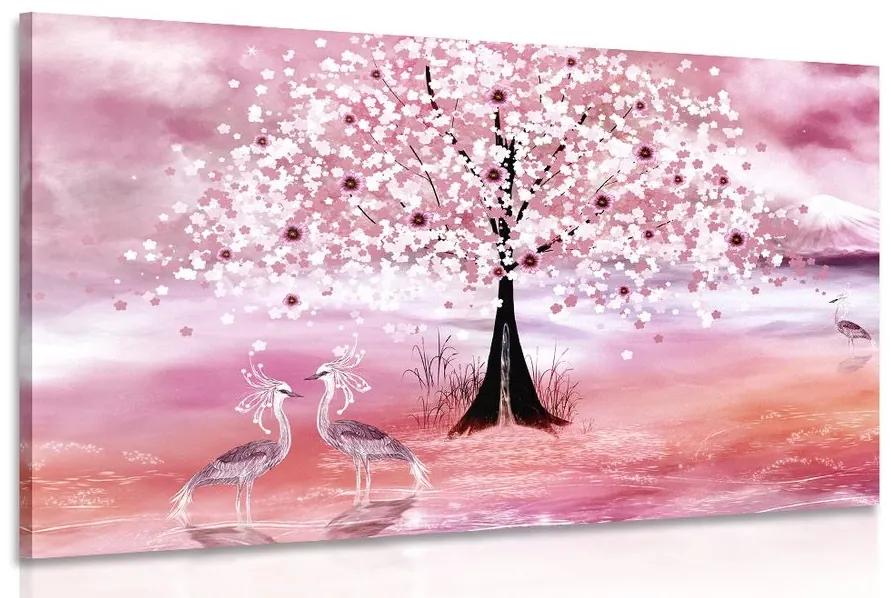 Obraz volavky pod magickým stromem v růžovém provedení - 60x40 cm