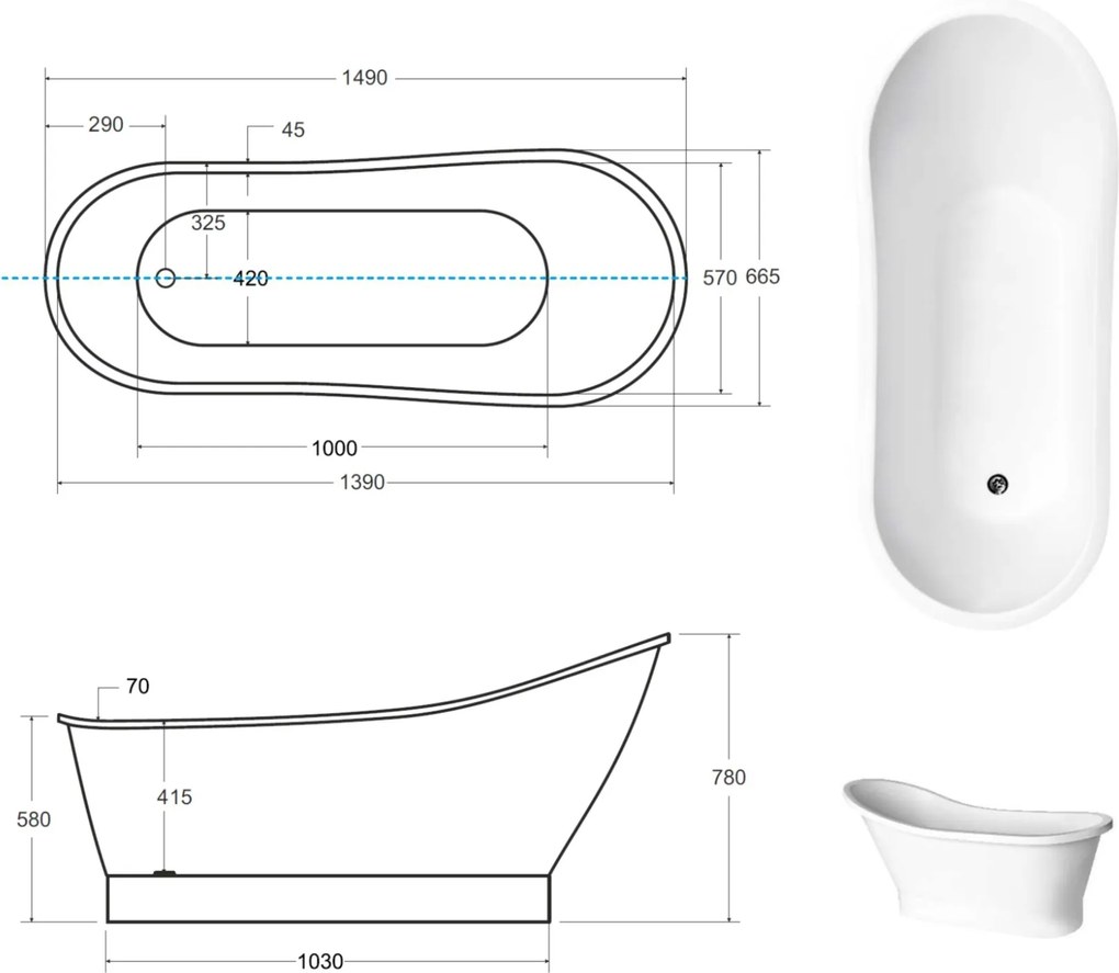 Besco GLORIA (PAOLA) 150 x 70 cm VANPAO15GLAM03 vana volně stojící grafit