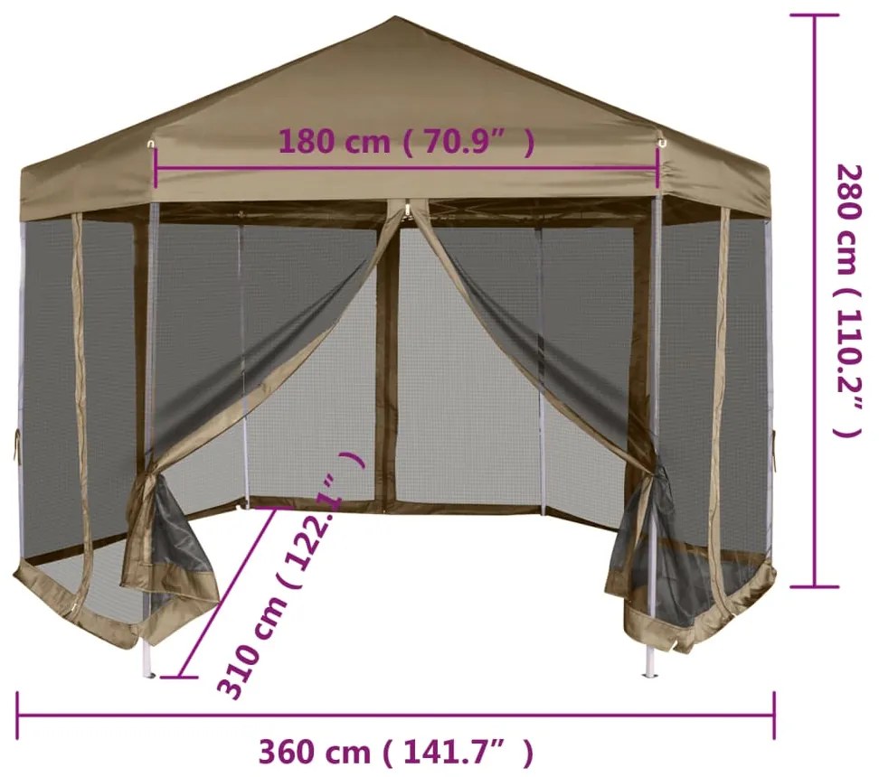 Šestihranný pop-up stan s bočnicemi 3,6 x 3,1 m taupe 220 g/m², 362013