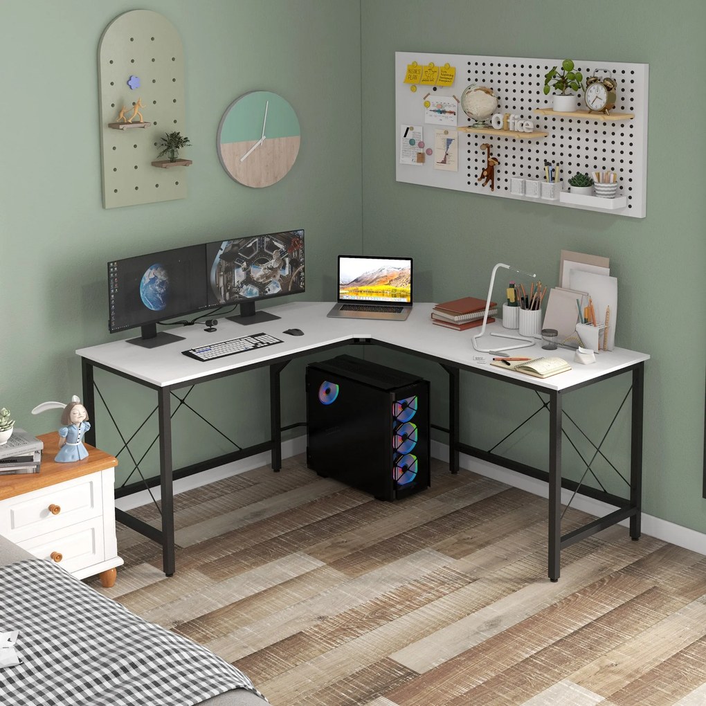 HOMCOM L-šikovný stůl Moderní roh s ocelovým rámem, nosnost 70 kg, pro kancelář, domov, studium 150x150x76 cm Bílý | Aosom