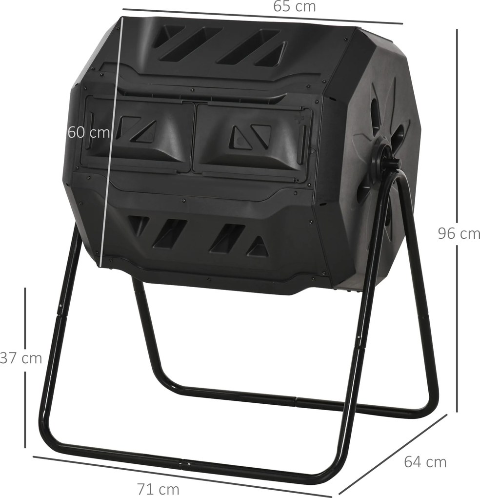 Outsunny 160L Dvoukamerový zahradní rotační kompostér s ventilačními otvory a ocelovými nohami 71x65x96 cm Černý