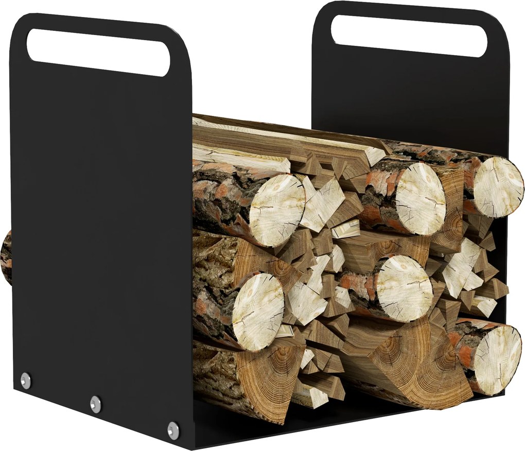 Outsunny Stojan na Dřevo 36,5 x 30 x 36 cm s Rukojetí, Stojan na Dřevo do Interiéru i Exteriéru, do 30 kg, Ocel, Černá | Aosom