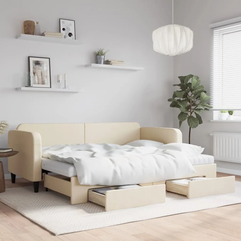 Válenda s přistýlkou a zásuvkami krémová 80 x 200 cm textil 3196869