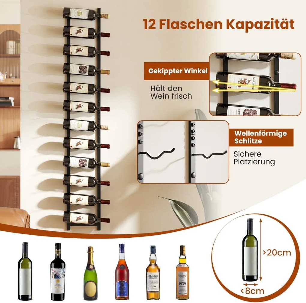 Costway Nástěnný kovový stojan na 12 lahví vína, černý