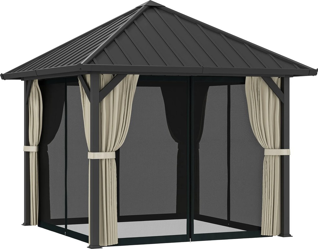 Pavilon Outsunny s tvrdou střechou, cca 3x3m, voděodolný, odolný vůči zimním podmínkám, zahradní pavilon s moskytiérou, bočními panely, kovový zahradn