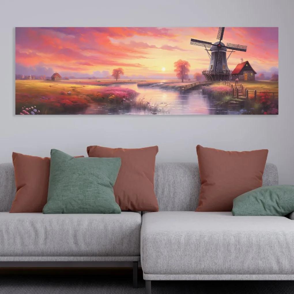 Obraz na plátně - Větrný mlýn při západu slunce FeelHappy.cz Velikost obrazu: 120 x 40 cm