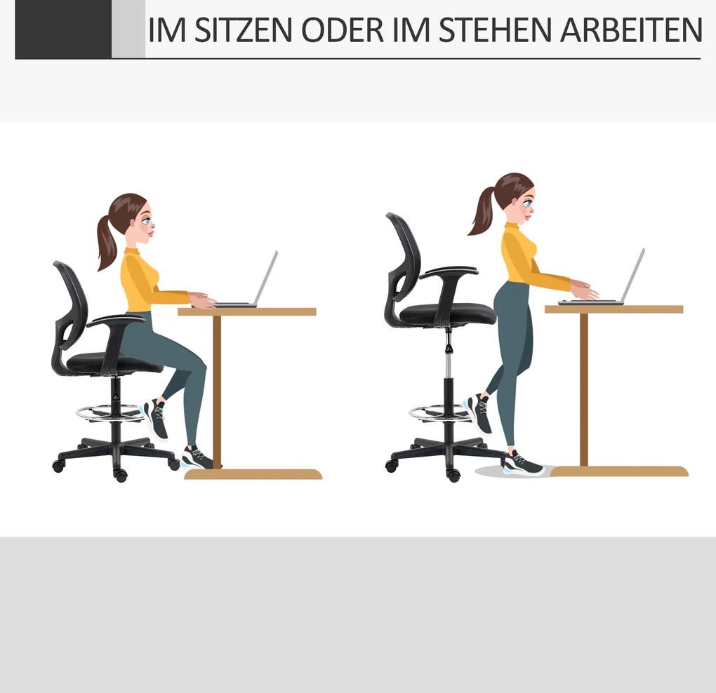 Ergonomická kancelářská židle Vinsetto kancelářská židle, otočná židle, kreslící židle, nastavitelný kroužek na nohy, do 120 kg, černá, 60x56x110-132…