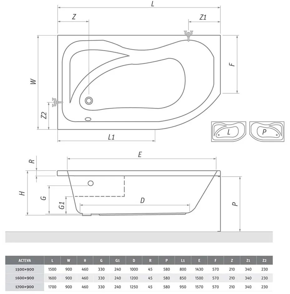 Roth ACTIVA 160 160 x 90 cm 8430000 levá akrylátová