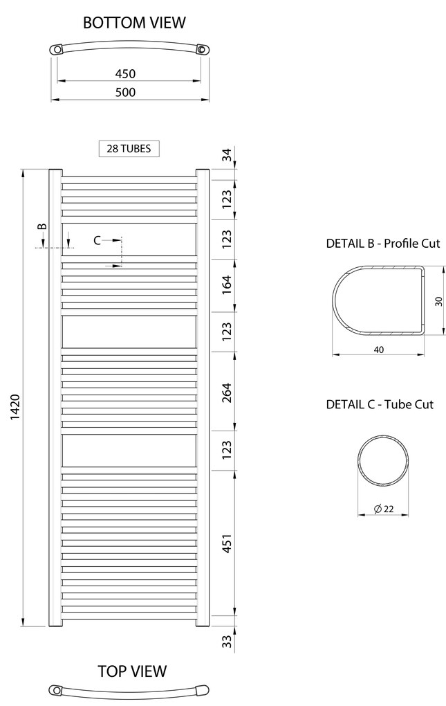 Aqualine Aqualine, ALYA topné těleso oblé 500x1420mm, chrom, LLC203