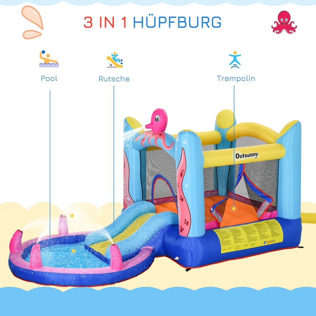 Outsunny samonafukovací skákací hrad včetně fukaru, záplat, 1 trampolíny, 1 vodního bazénu, 1 skluzavky, 360 x 175 x 180 cm