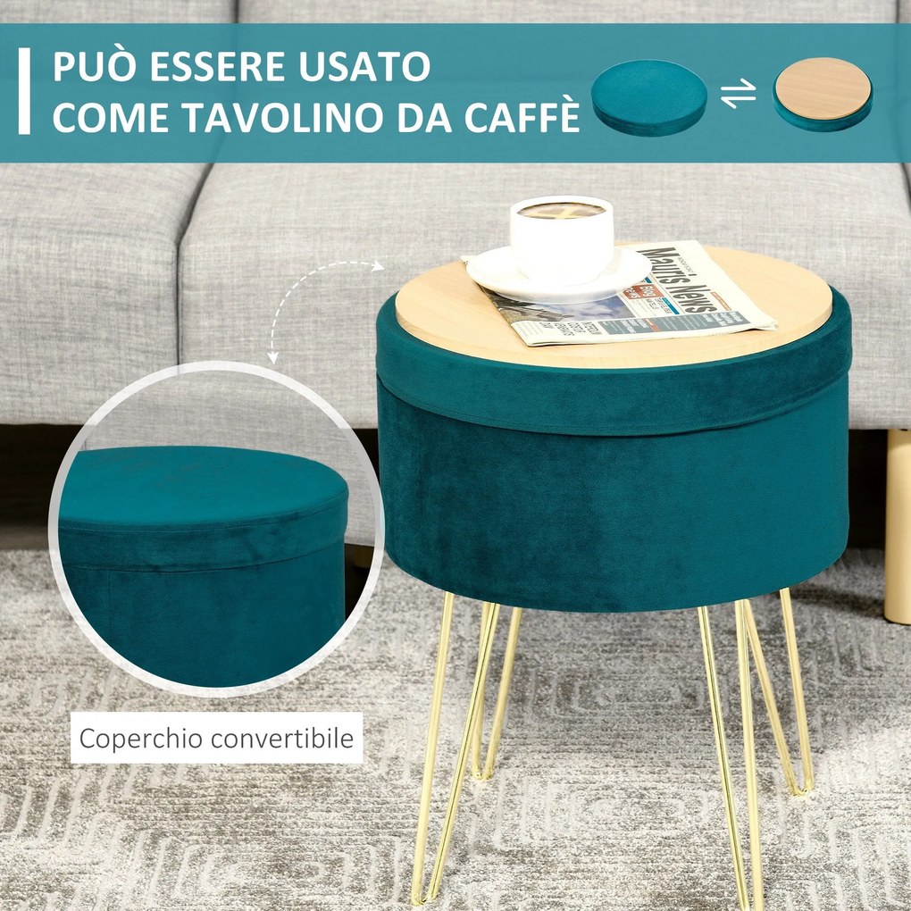 HOMCOM 2-v-1 Úložný taburet se stoličkou a funkcí konferenčního stolku, Zelené dřevo a textil, Kov s pozlaceným povrchem, 36x36x45cm