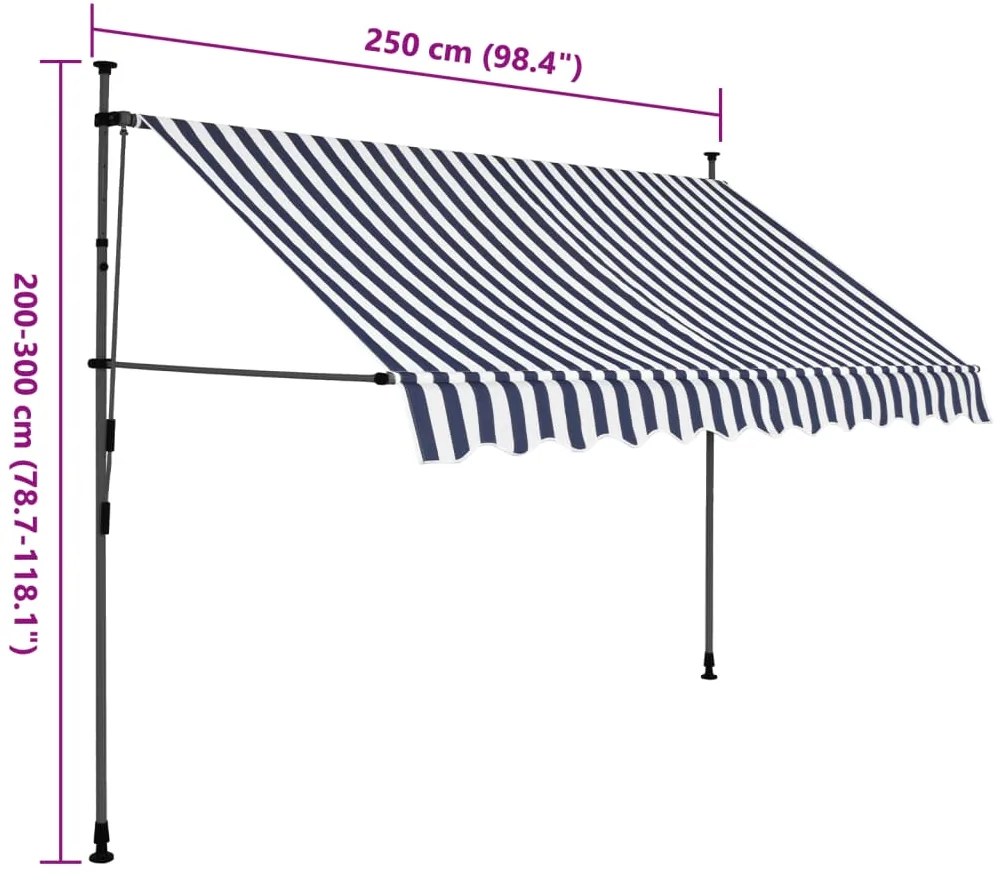 vidaXL Marketos Ručně zatahovací markýza s LED světlem 250 cm modrobílá