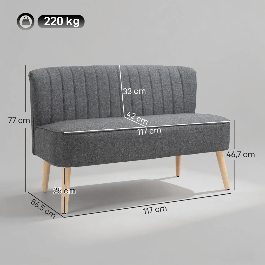 HOMCOM dvojsedák – kompaktní čalouněná pohovka v lněném vzhledu do obývacího pokoje, ložnice i menších prostor, šedá (117 × 56,5 × 77 cm)