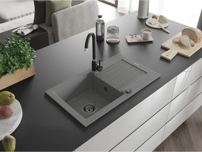Mexen Pablo, granitový dřez 752x436x161 mm, 1-komorový, šedá s černým sifonem, 6510751010-71-B