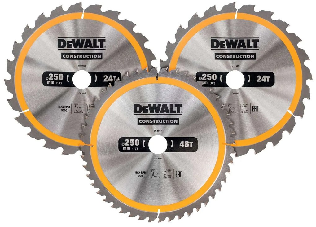 DeWALT Příslušenství - 3dílná sada pilových kotoučů na dřevo 250x30 mm DT1963