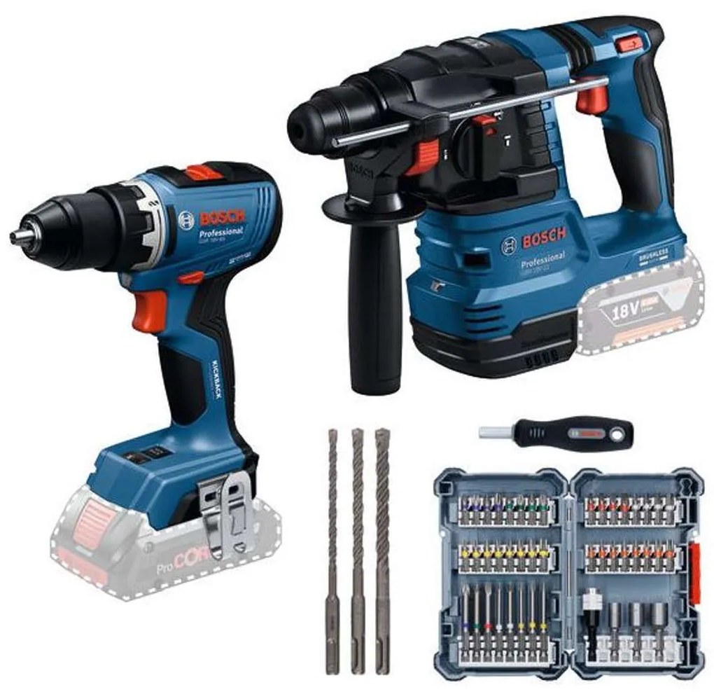 Bosch - 18V AKU sada vrtacího šroubováku GSR 18V-65 a vrtacího kladiva GBH 18V-22, s příslušenstvím, bez baterie a nabíječky 0615V0003E