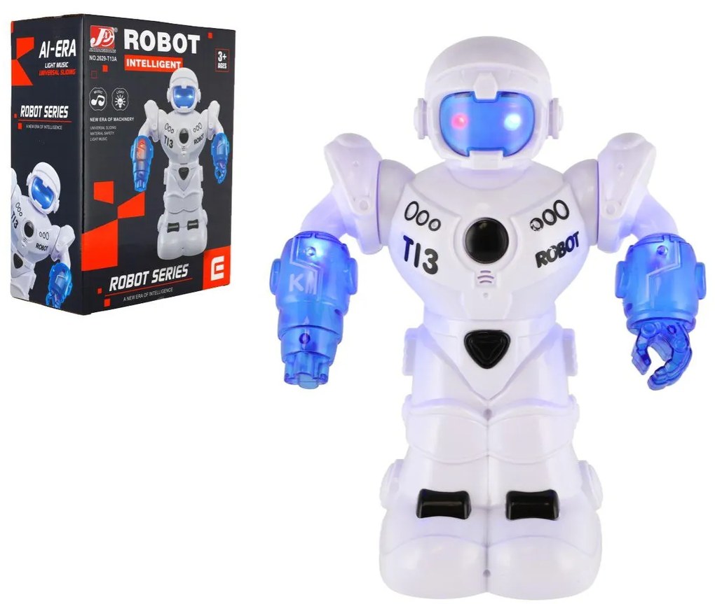 Robot jezdící plast 26cm Ang. mluvící na baterie se světlem se zvukem v krabici 22x28x11cm