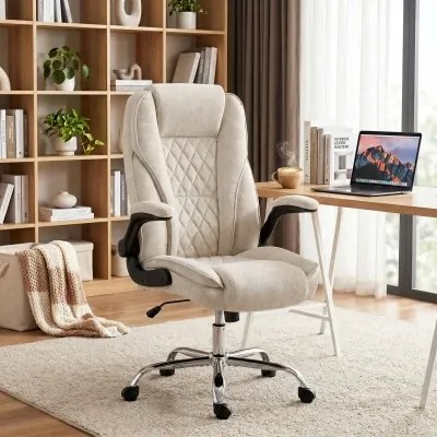 HOMCOM kancelářská židle, ergonomická kancelářská židle, výškově nastavitelná, zdvižná podržka rukou, 70 x 114-122 cm, béžová