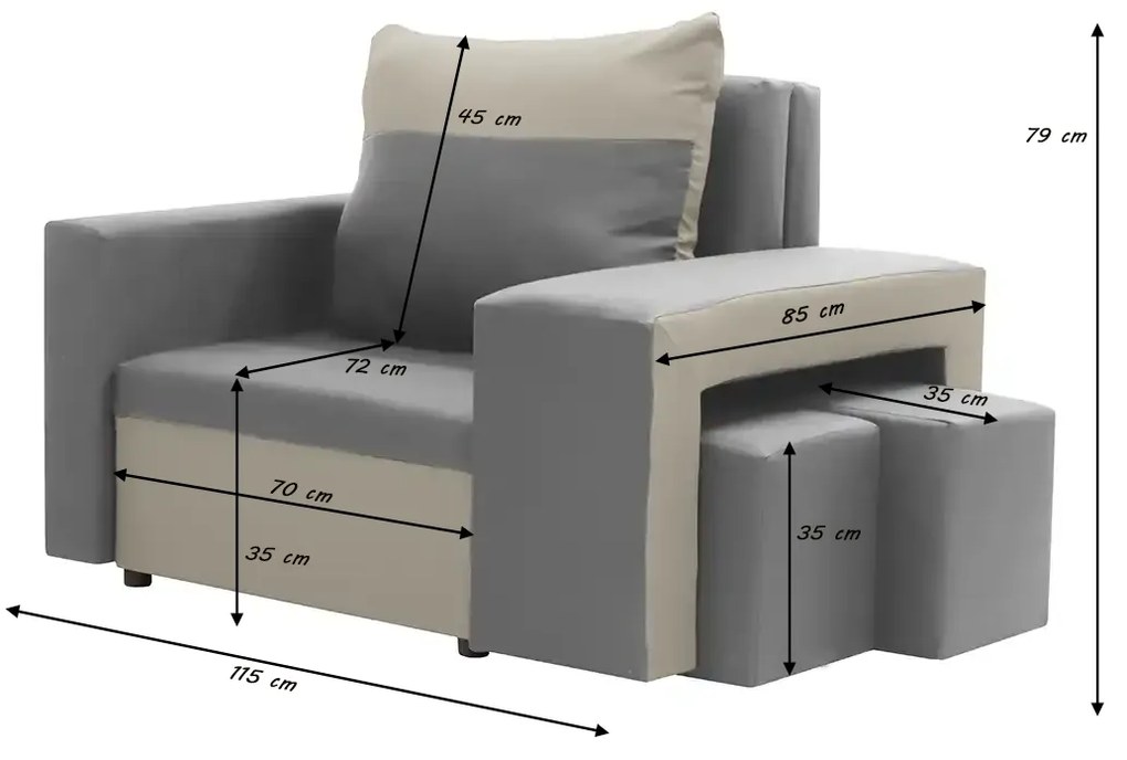 NEVADA2 1-místné křeslo s funkcí spaní + 2 taburety Světle hnědá/krémová