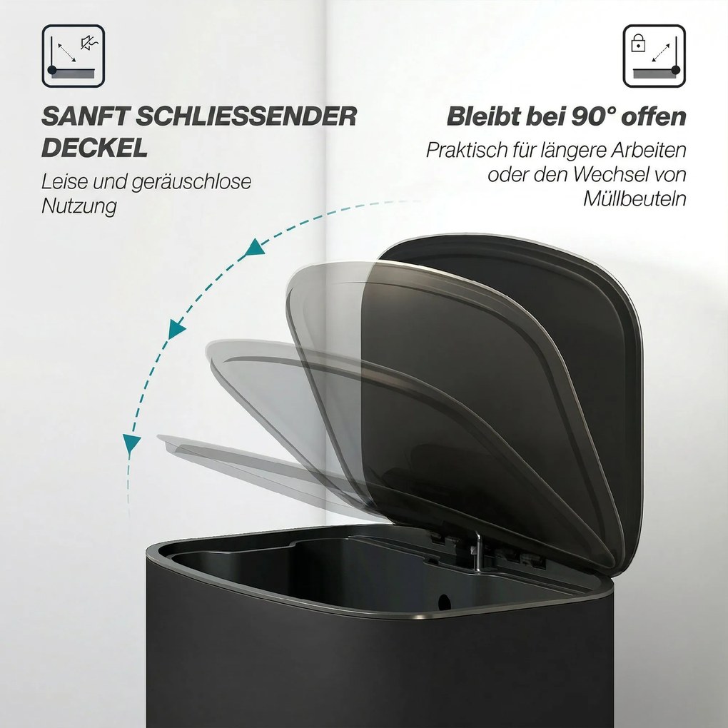 HOMCOM 50 l kuchyňský odpadkový koš se šlapacím pedálem, měkké dovírání a funkce otevření 90° – nerez/černá, 45,1 × 36,5 × 62,6 cm
