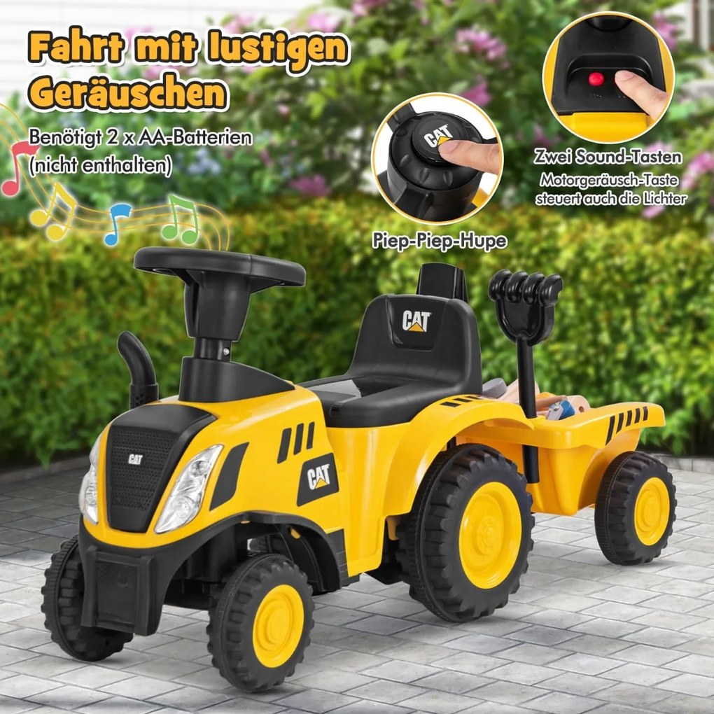 Costway Dětský traktor Caterpillar s bagrem a přívěsem, žlutý