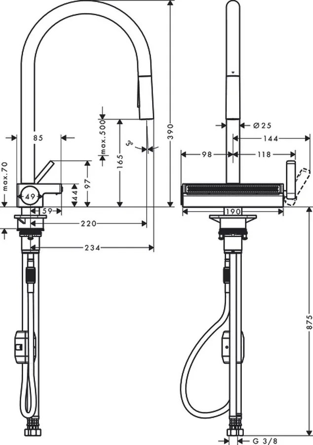 Hansgrohe M81, dřezová baterie Aquno Select s výsuvnou koncovkou a plochým sprchovým proudem, chromová, 73837000