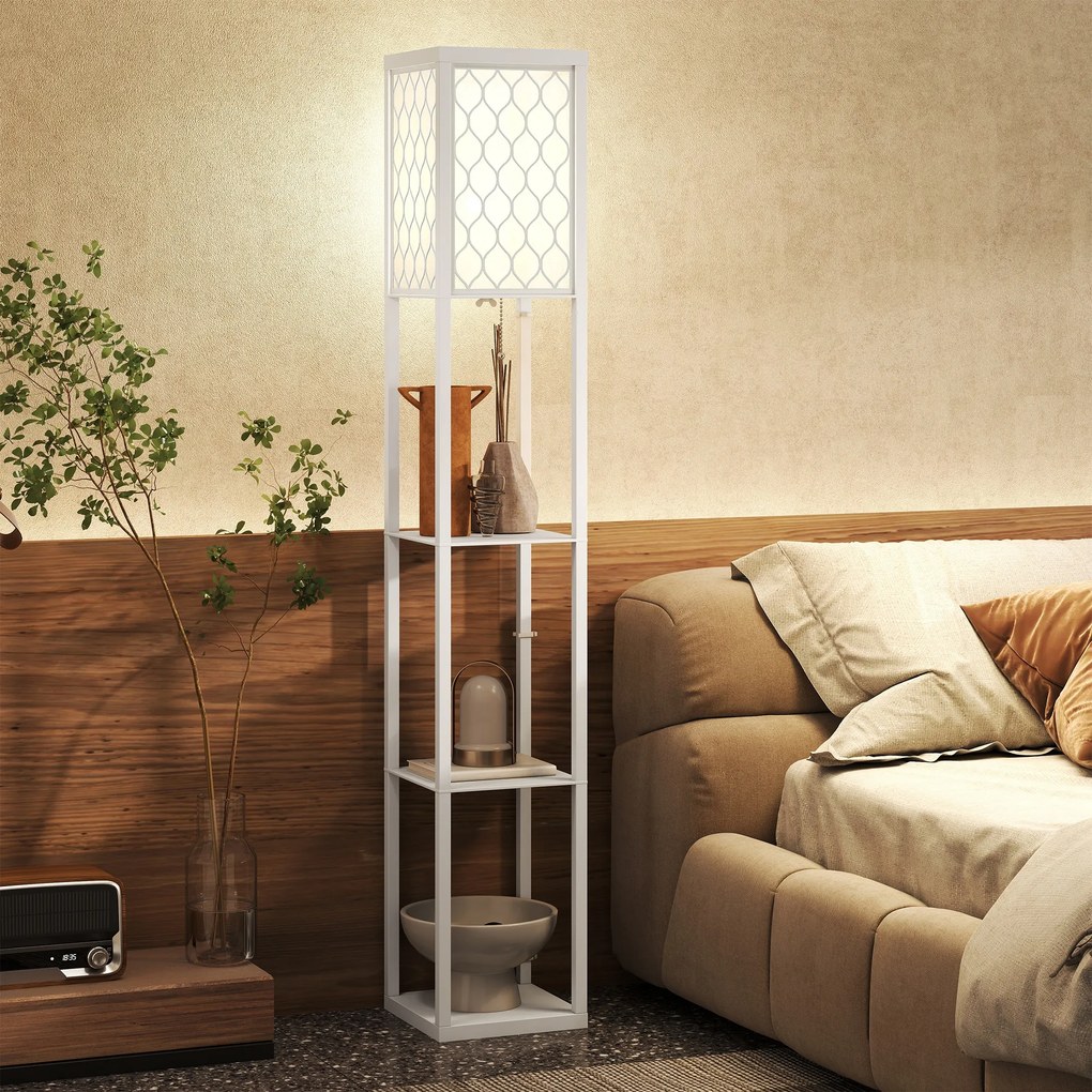 HOMCOM Stojací lampa s policí, 3 přihrádky, kompaktní rozměry, MDF, bílá